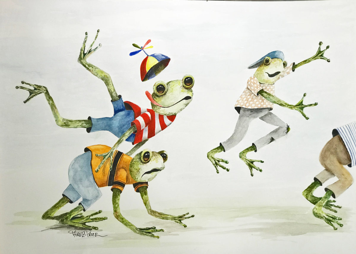 Frogs playing leapfrog. - Watercolor, in Whimsical Illustrations